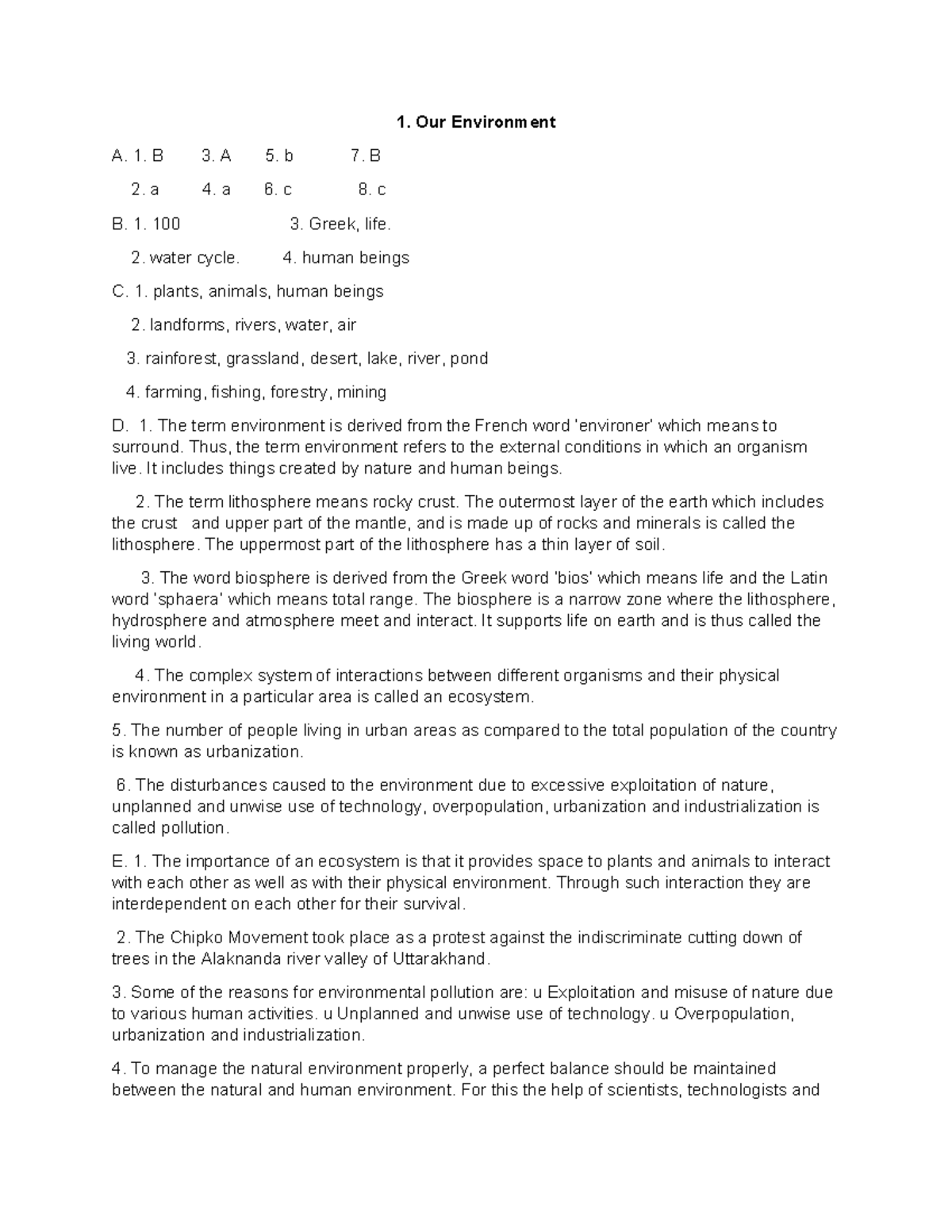 Term 1 - Our Environment: Comprehensive Answer Key - Studocu