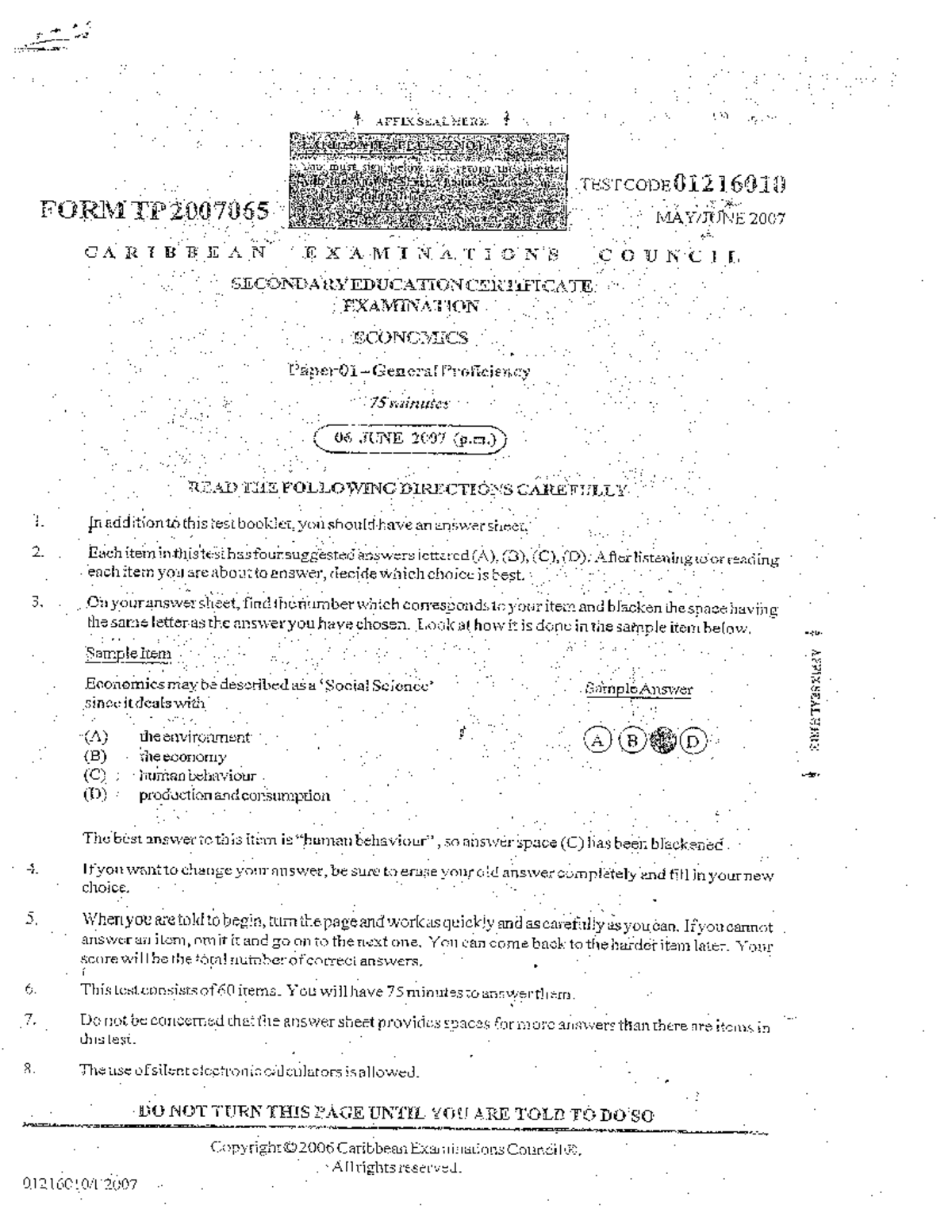 CSEC Economics P1 2007 Exam Paper - Proficiency Test - Studocu