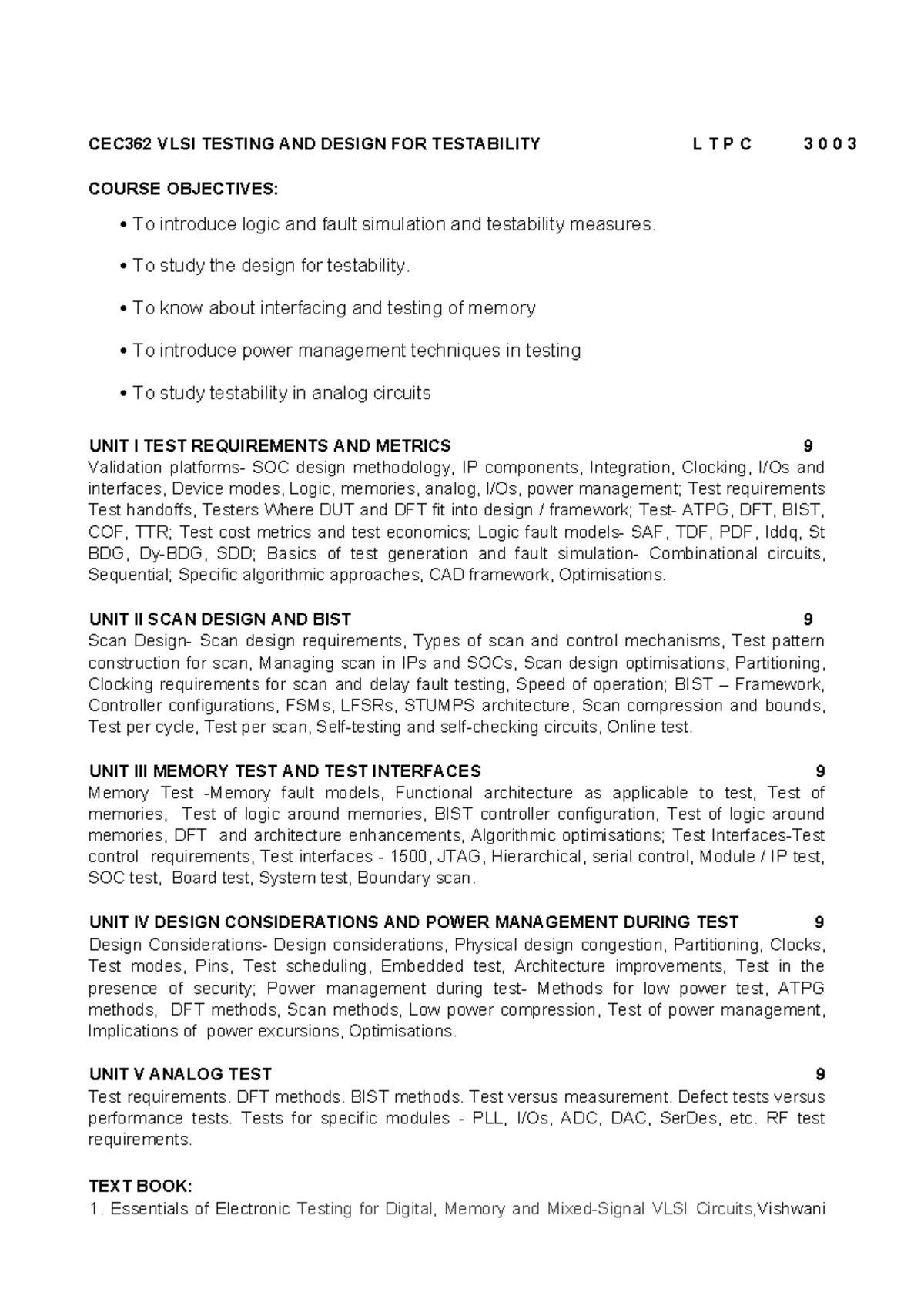 CEC362 VLSI Testing and Design for Testability Syllabus - Studocu