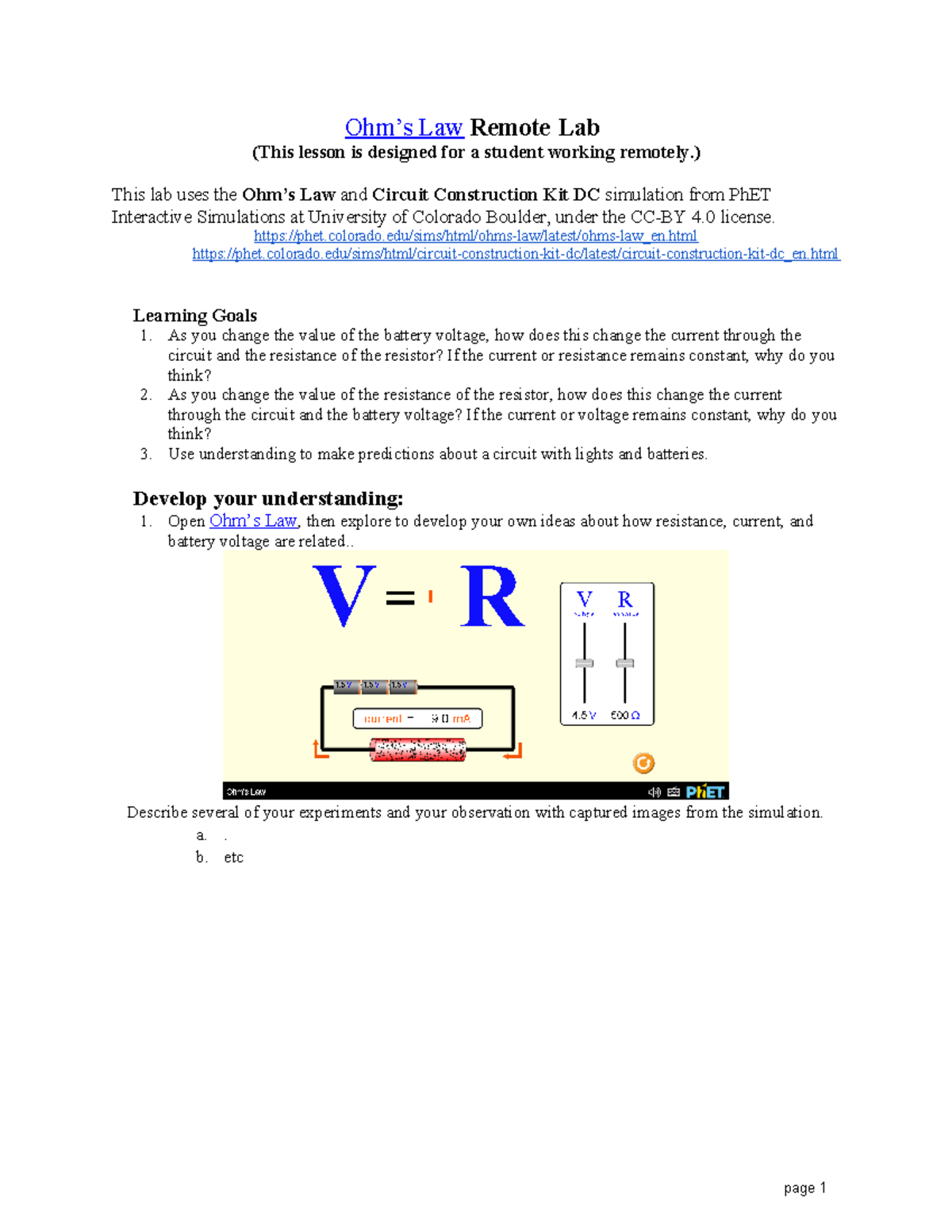 Ohm's Law Remote Lab: Understanding Circuits with PhET Simulations ...