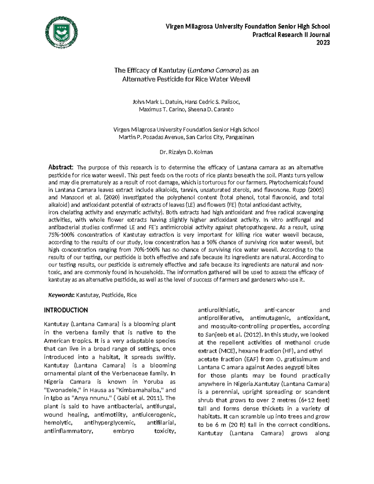 Practical Research II Journal 2023: Efficacy of Kantutay as Pesticide ...
