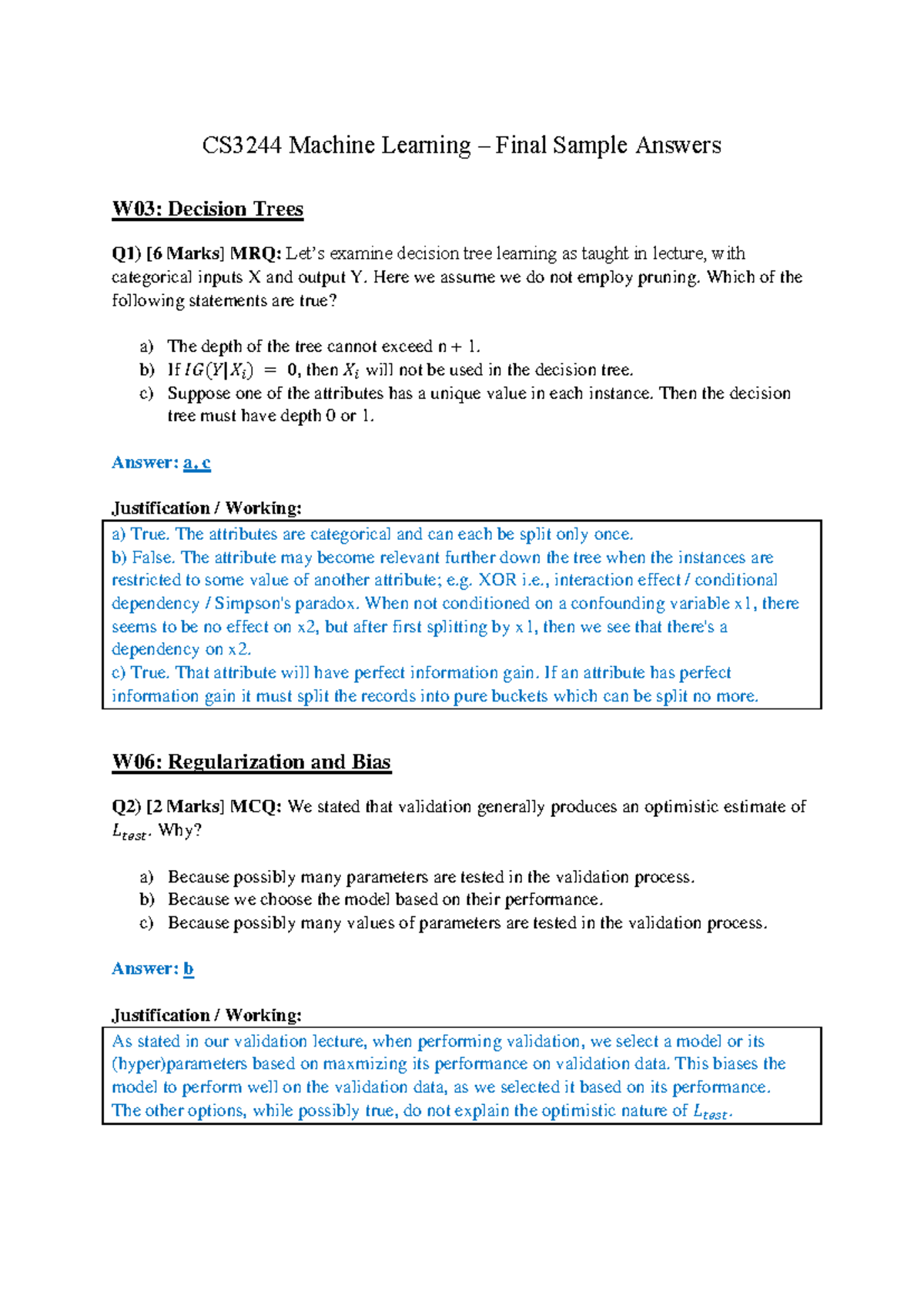 CS3244 Final Exam Sample Solutions for Machine Learning Topics - Studocu