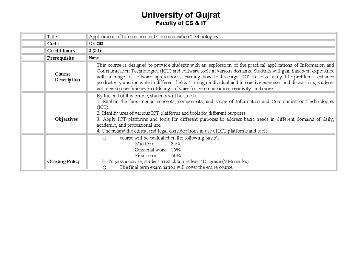 Applications of ICT: Course Outline for CS 101 - Studocu