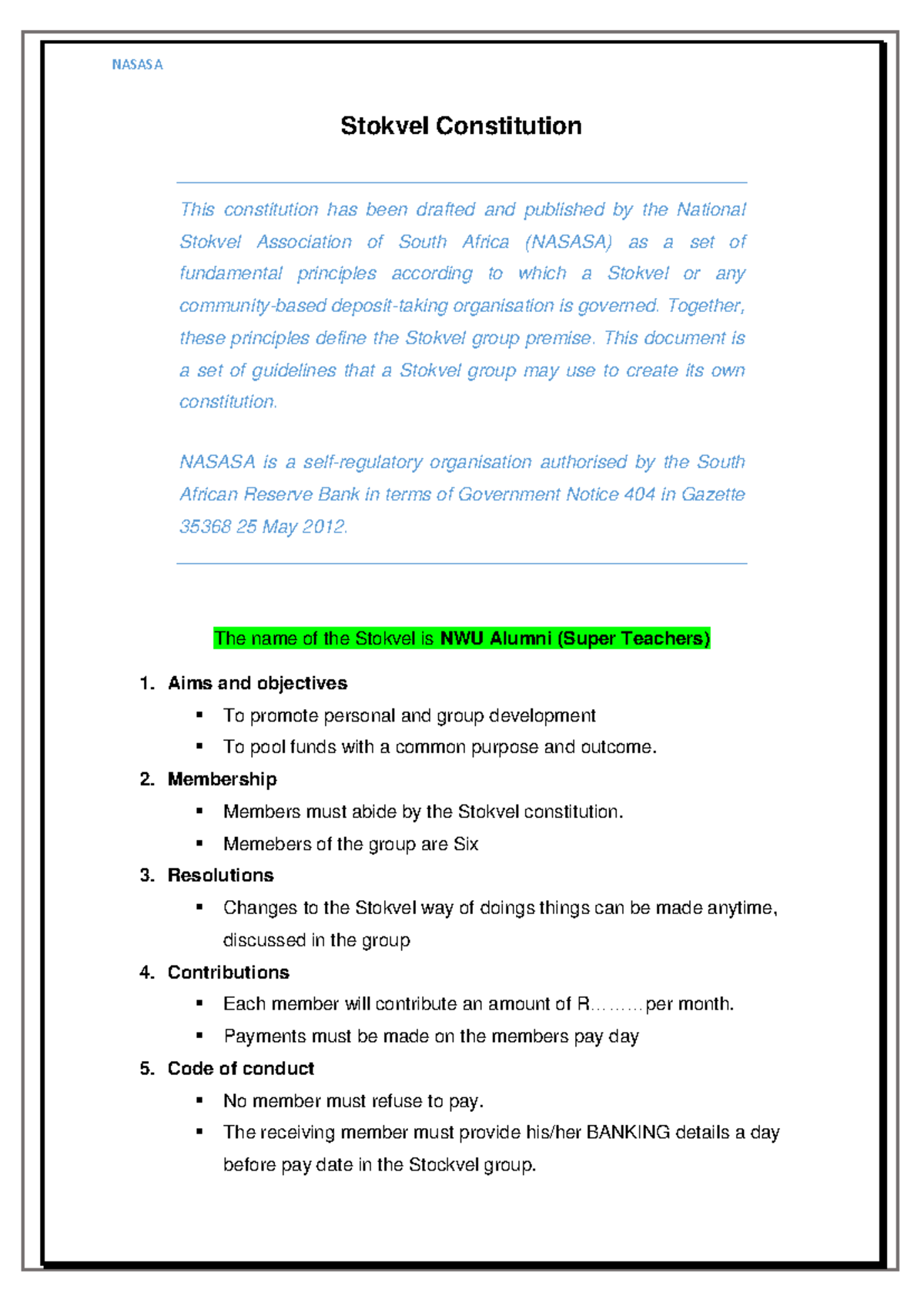 Stokvel Constitution Guidelines - NASASA Leadership Framework - Studocu