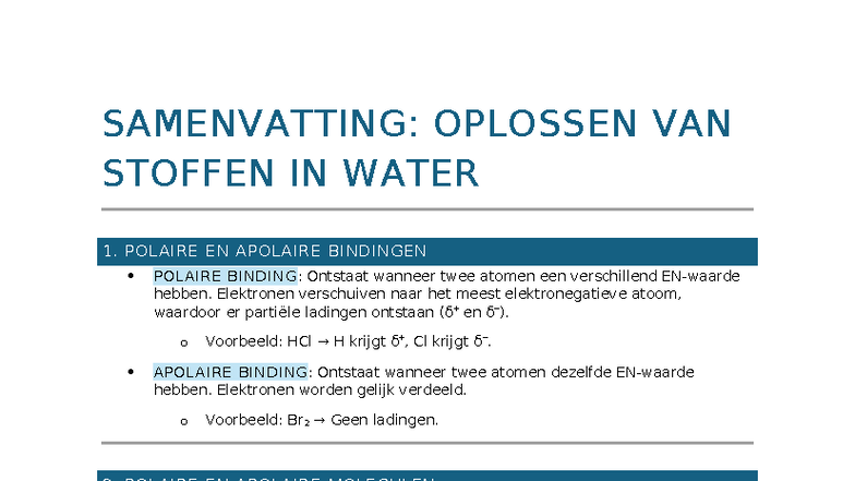 Samenvatting Chemie: Polaire en Apolaire Bindingen en Moleculen - Studocu