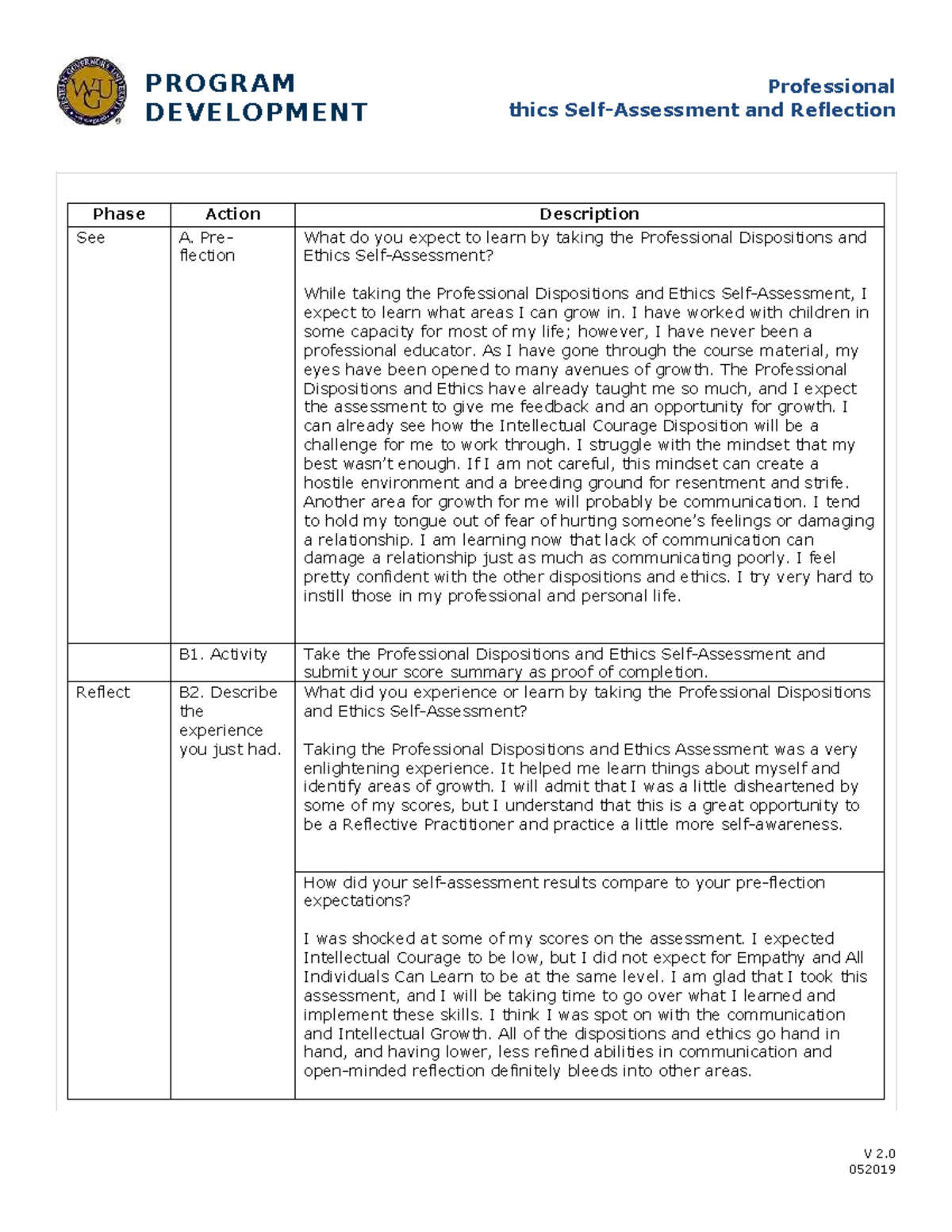 Cauthen-PROF Dispositions & Ethics Self-Assessment Reflection - Studocu