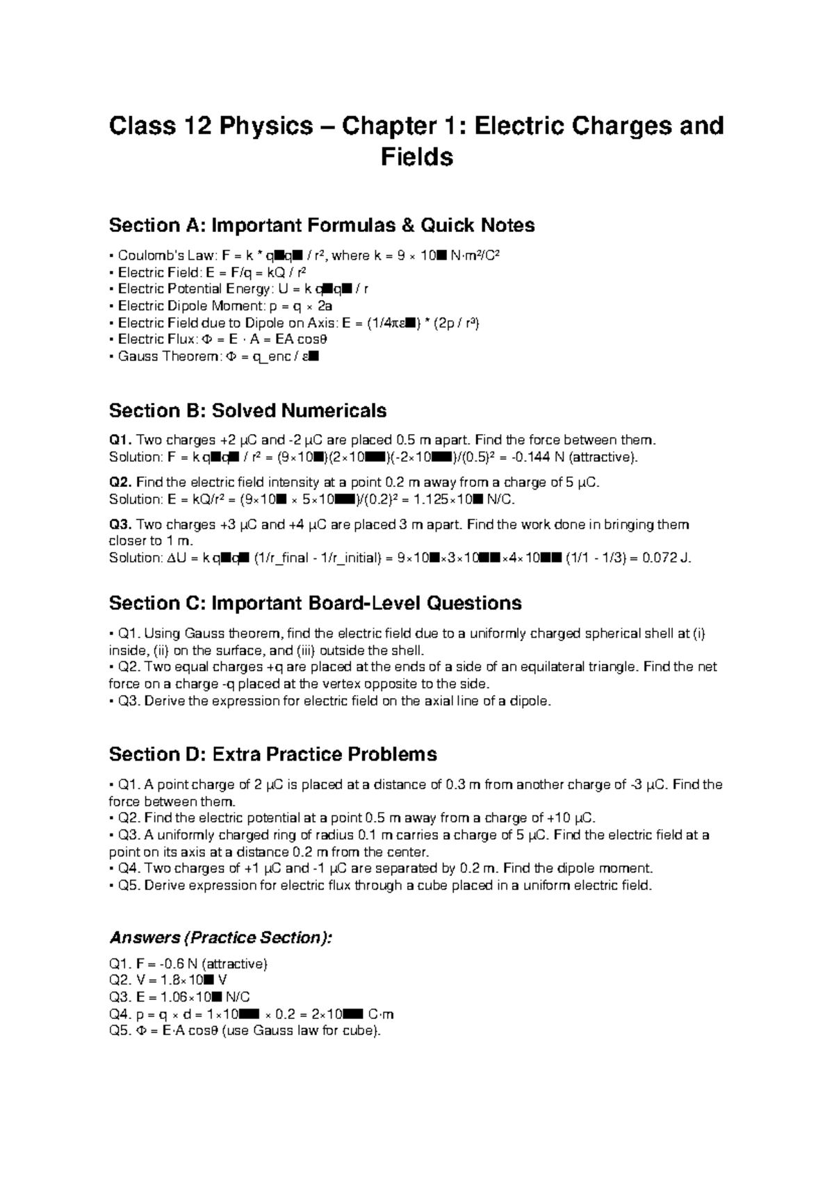 Class 12 Physics Ch1: Electric Charges & Fields Numericals - Studocu