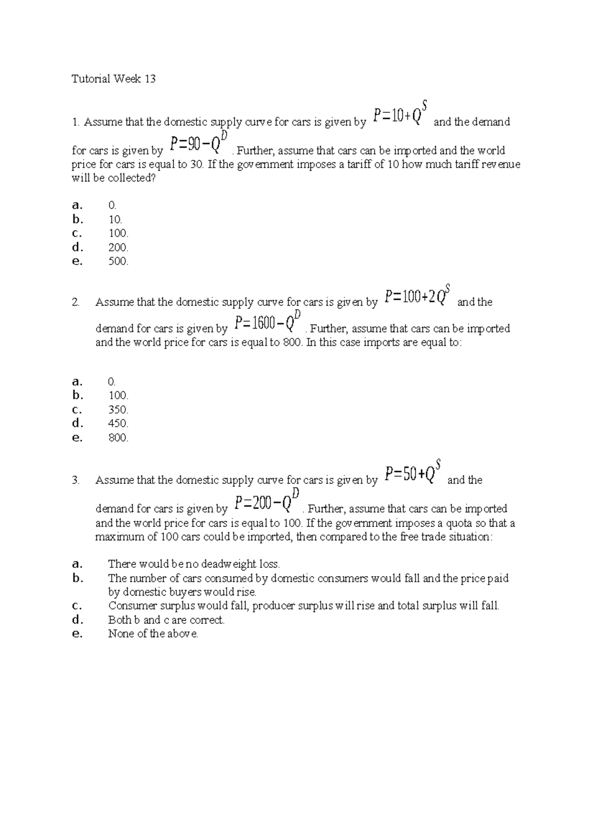 Tutorial Week 13 S1: Tariffs and Quotas on Car Imports - Studocu