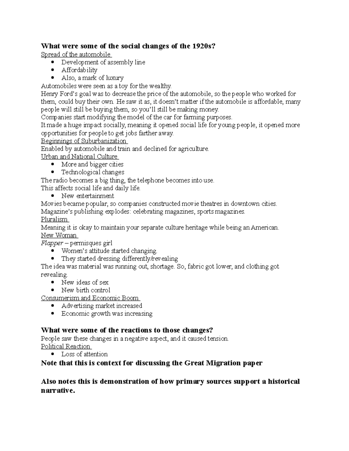 1920's - Notes - What were some of the social changes of the 1920s ...