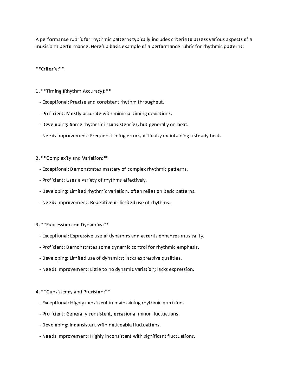 Rubric - A performance rubric for rhythmic patterns typically includes ...
