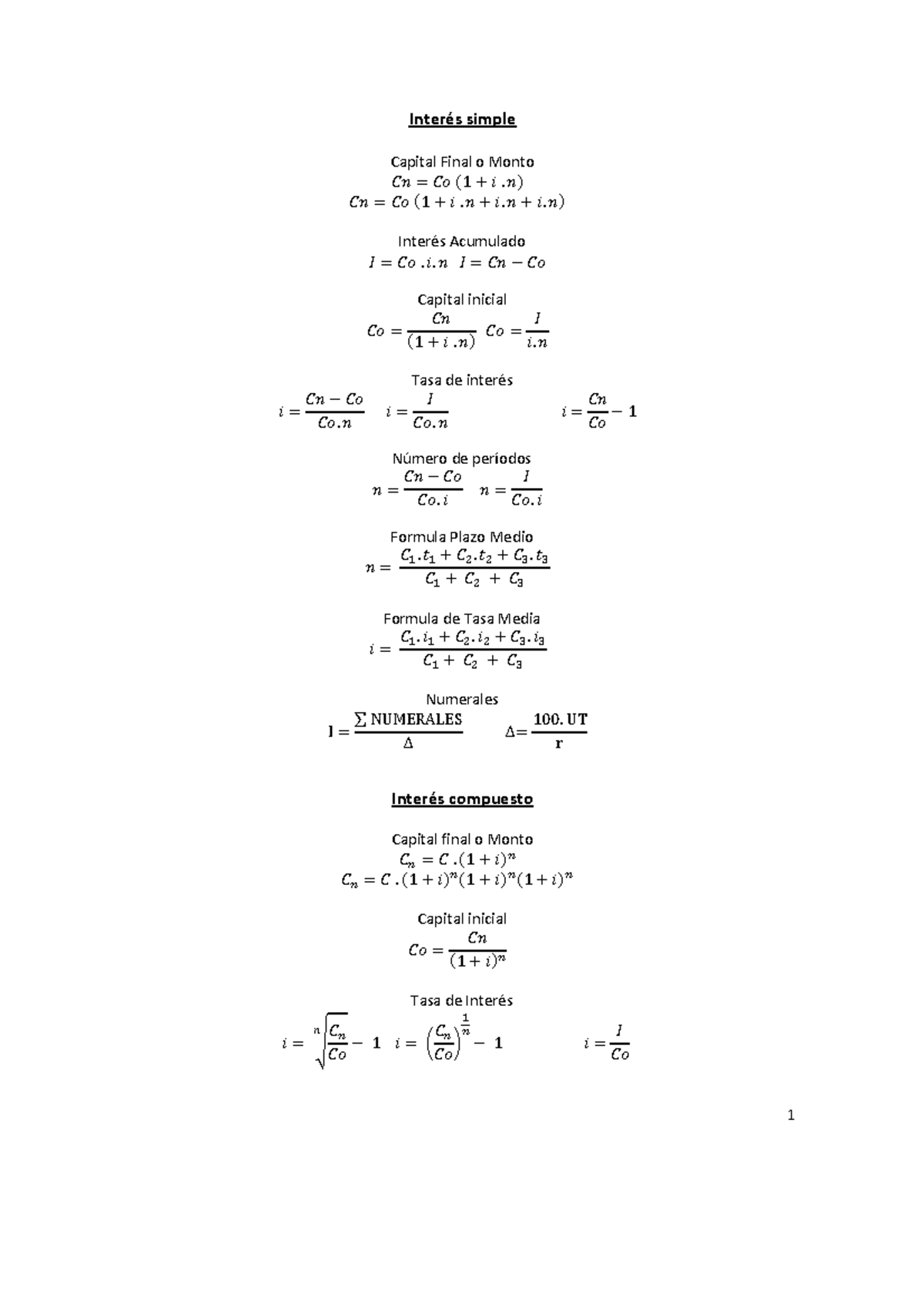 Formulas MF - Interés simple Capital Final o Monto 𝐶𝑛 = 𝐶𝑜 (1 + 𝑖. 𝑛 ...