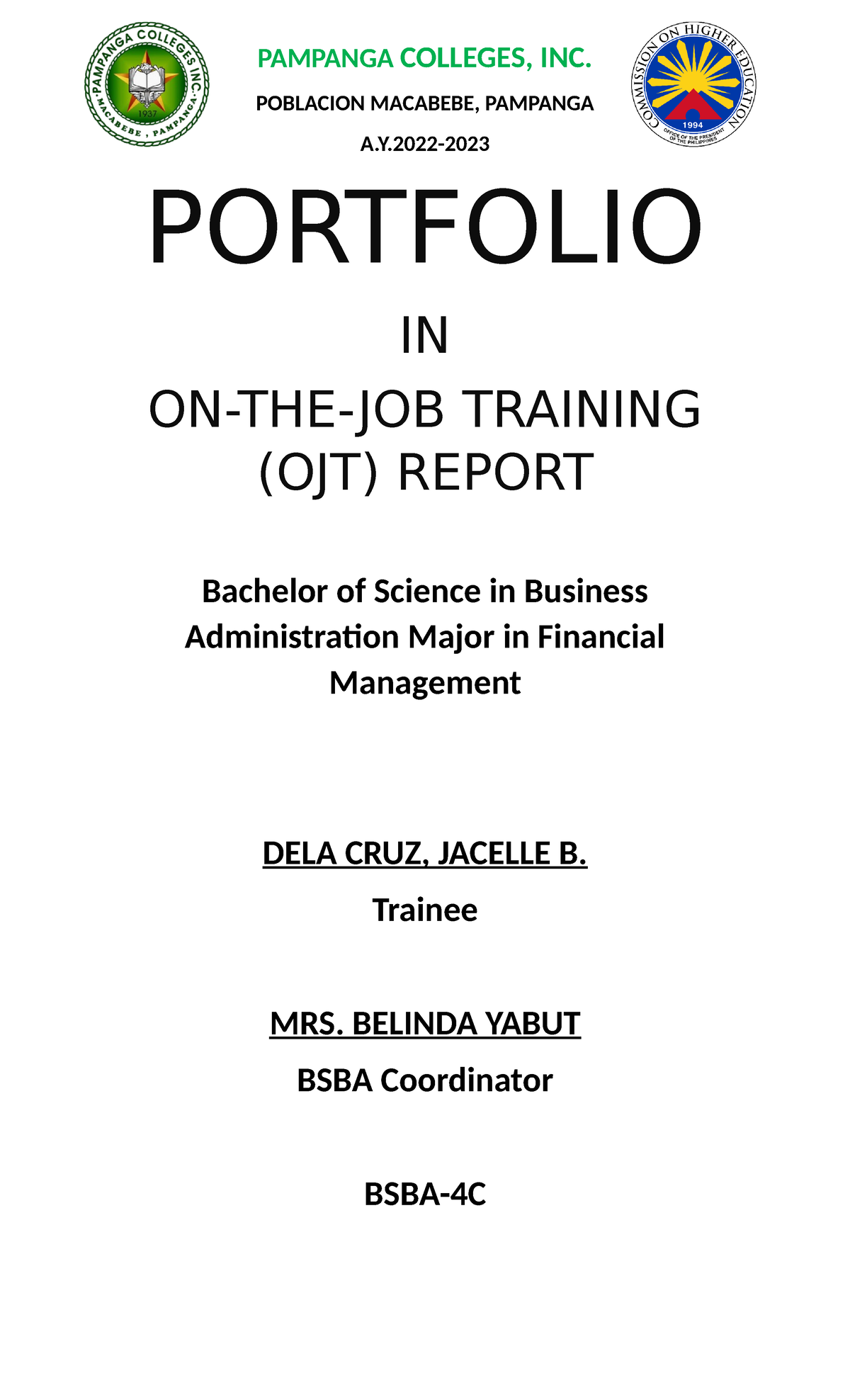 BSBA-4C OJT Portfolio: Experience and Accomplishments Report - Studocu