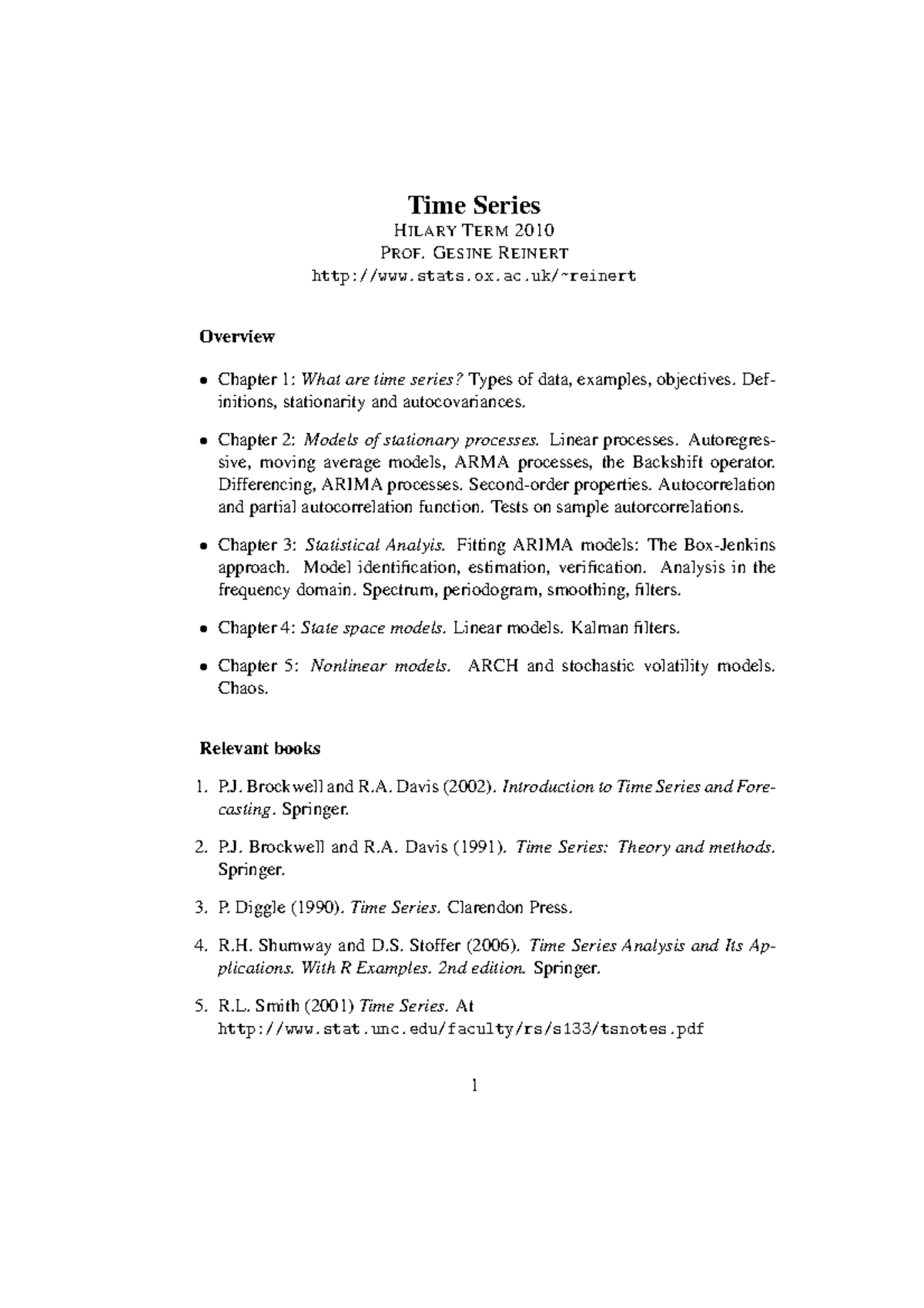 Lecture Notes On Time Series Analysis Time Series Hilaryterm 2010