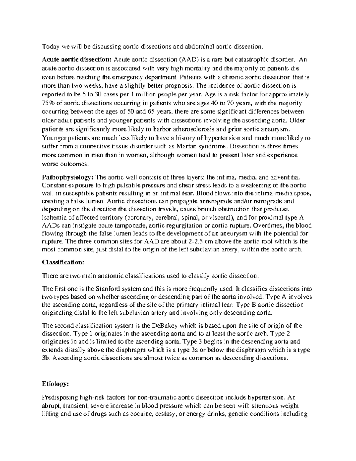 Management and Treatment of Aortic Dissection and AAA (AGACNP) - Studocu