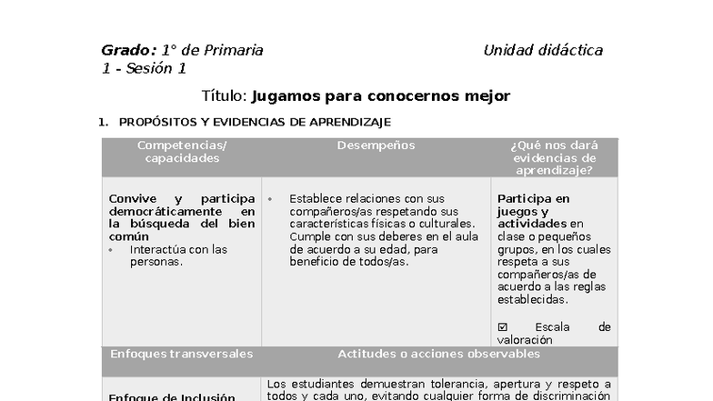 Sesión 1: Jugamos para Conocernos Mejor - Grado Primaria 1 - Studocu