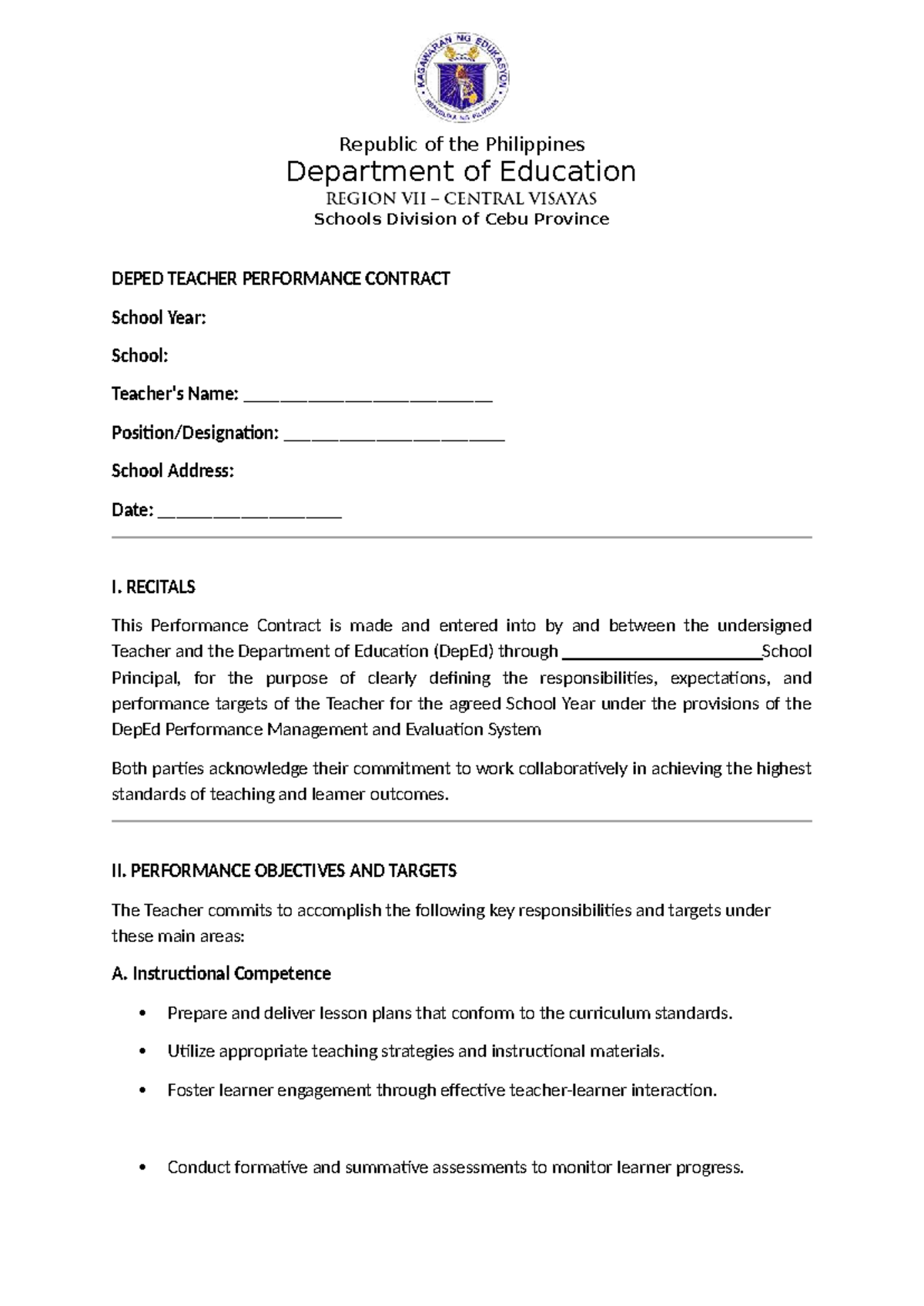 DEPED TA Performance Contract for Teacher Evaluation 2023-2024 - Studocu
