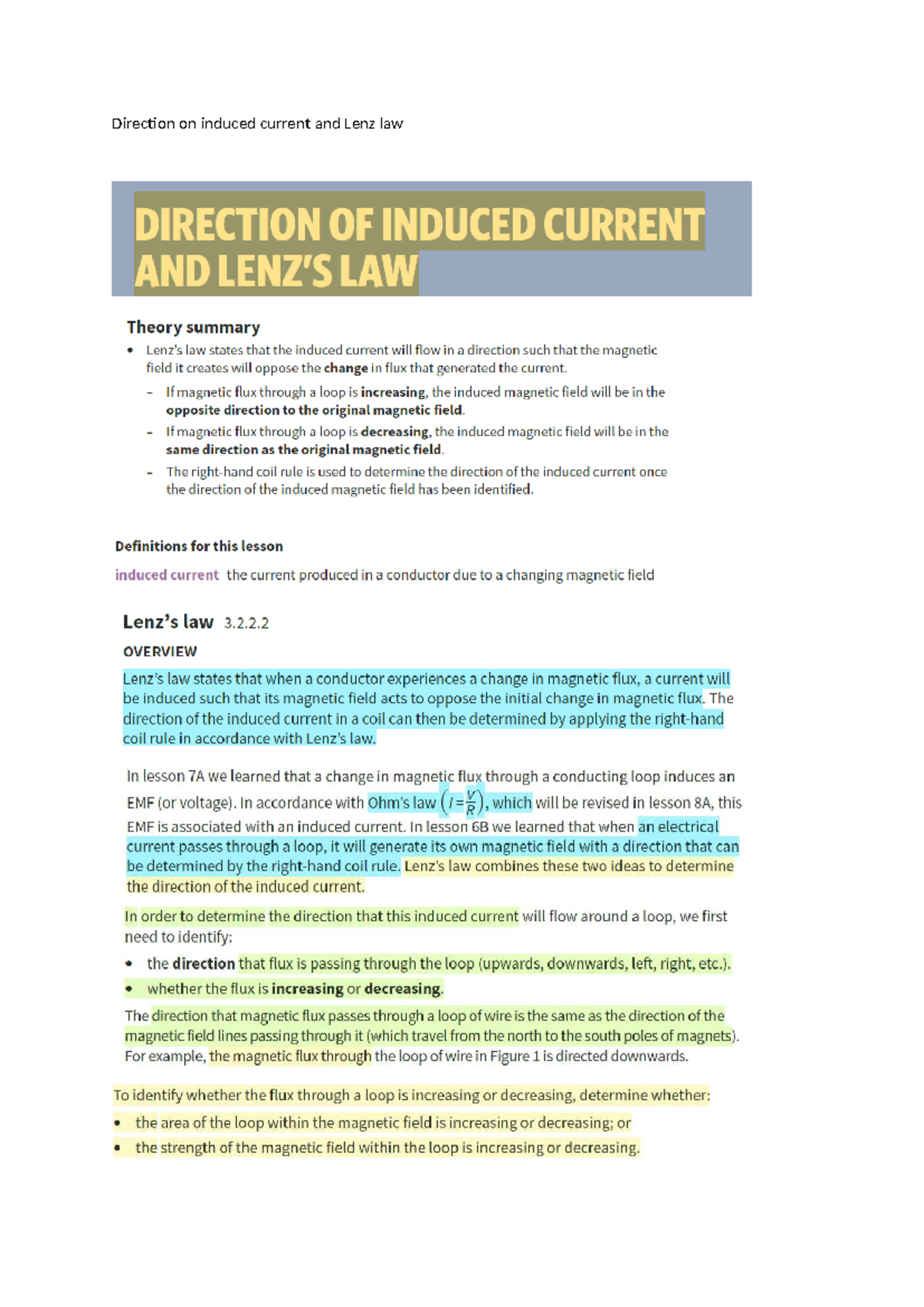 Direction of Induced Current & Lenz's Law Overview (Physics 7B) - Studocu