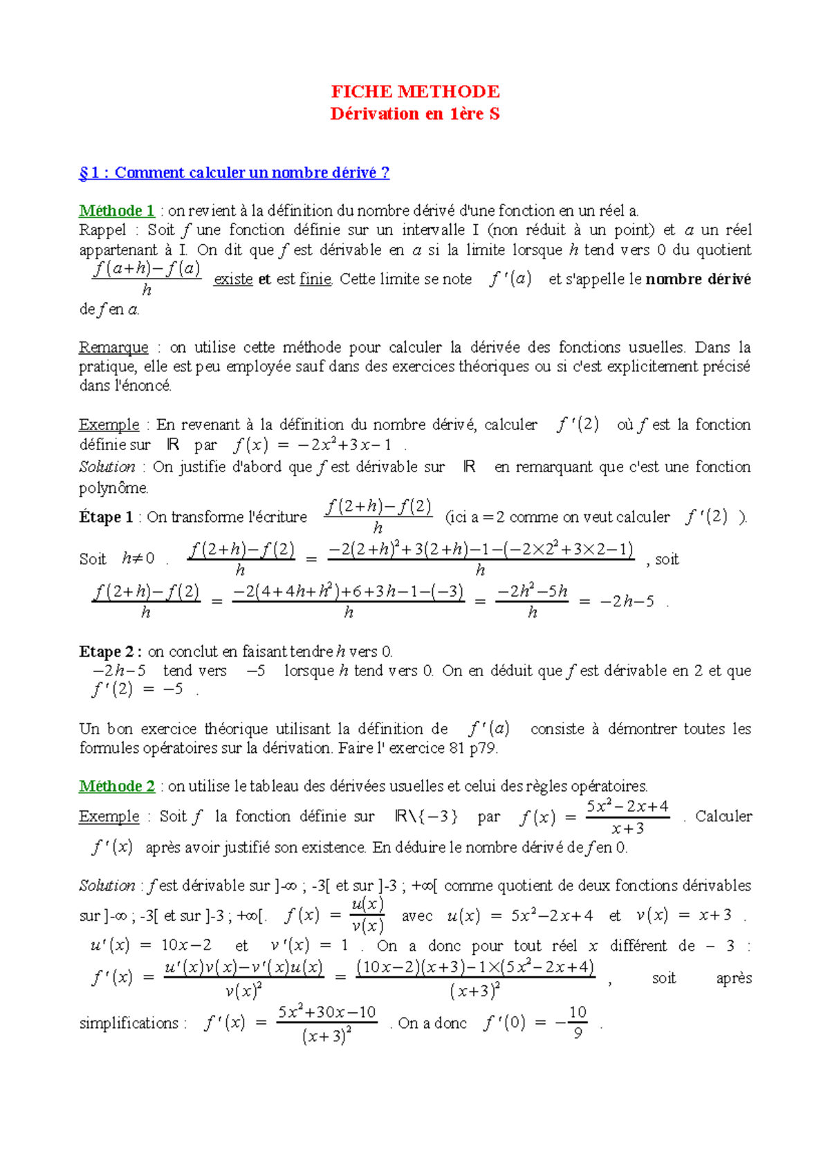 Fiche méthode dérivation en 1ère S : calcul du nombre dérivé et ...