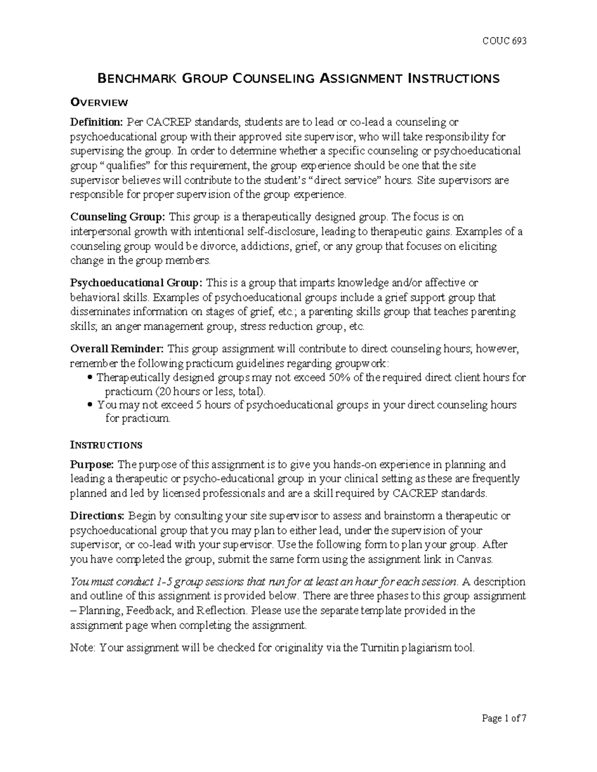 Benchmark Group Counseling Assignment Instructions (CACREP Standards ...