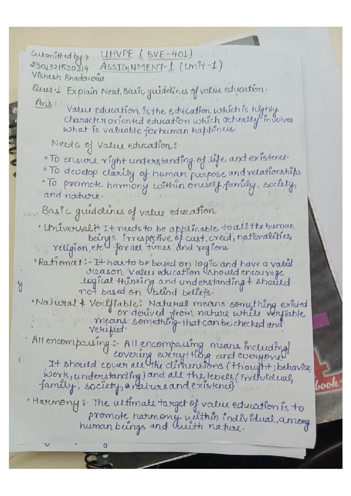UHVPE 2301921530214 Unit 1 Assignment: Exploring Value Education and ...