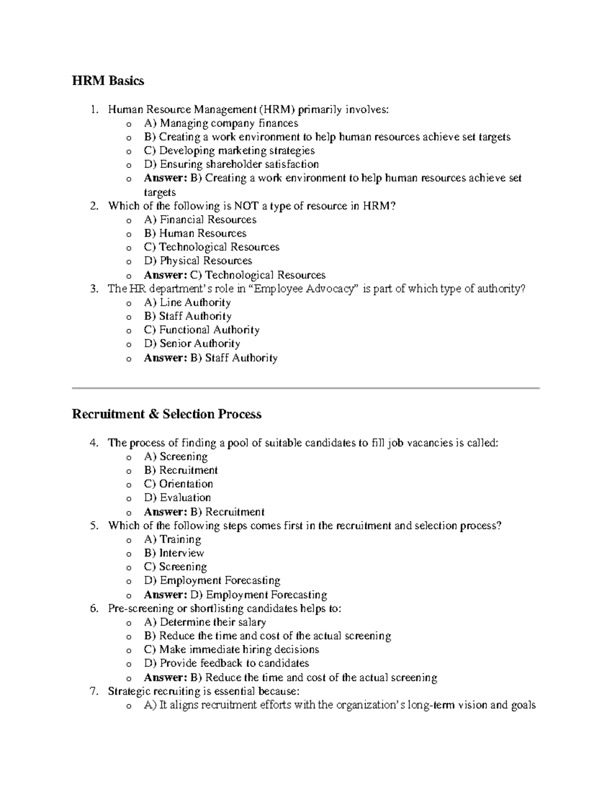 HRM 101 - Midterm MCQs: Human Resource Management Questions - Studocu