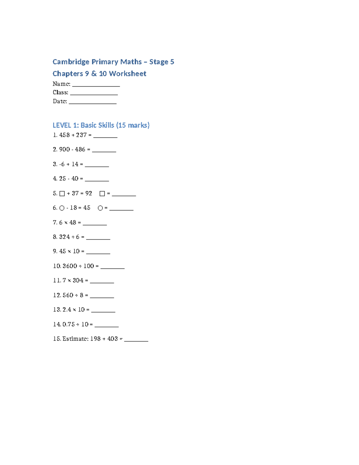 Cambridge Primary Maths Stage 5 Ch9-10 Worksheet & Answer Key - Studocu
