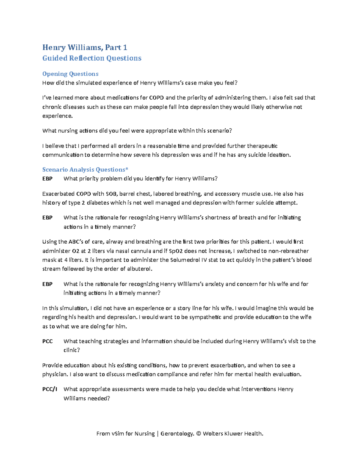Henry Williams Case Study Part 1: Reflective Analysis in Gerontology ...