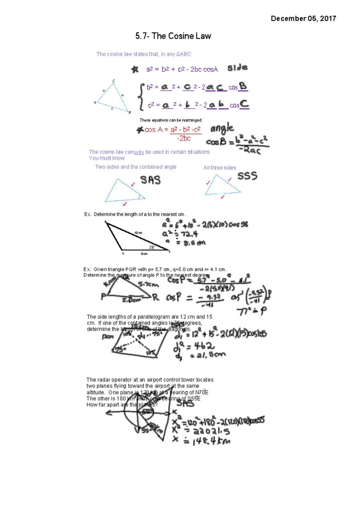 COS 101: Lecture Notes on the Cosine Law and Applications - Studocu
