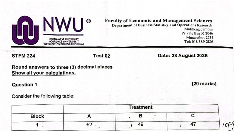 Test 02: Analysis of Variance in Randomised Block Design (BSTAT 224 ...