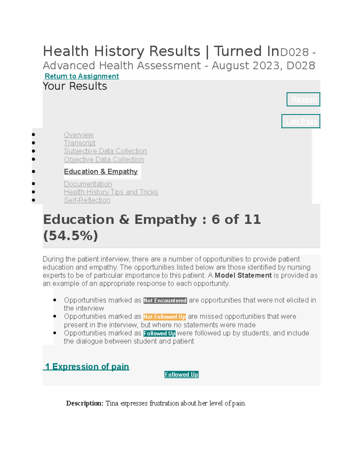 Shadow Health D028: Health History Education & Empathy Analysis - Studocu