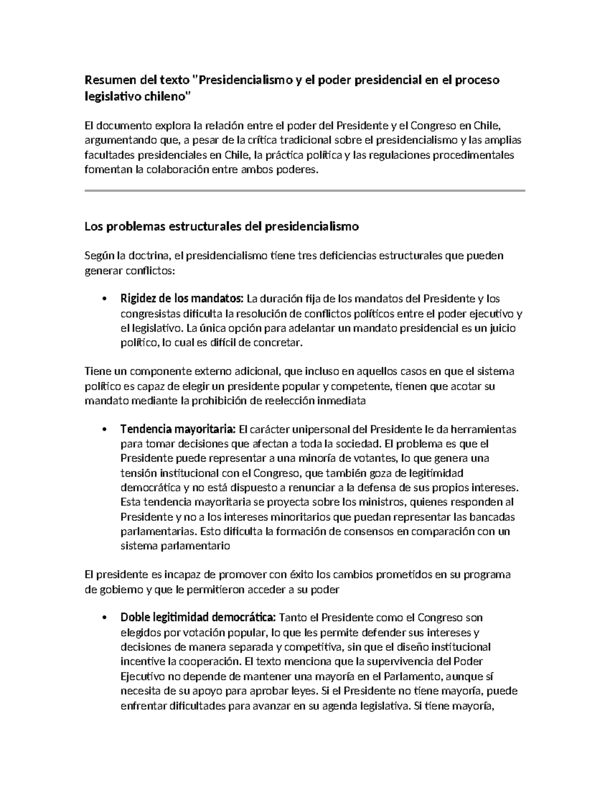 Resumen del texto: "Presidencialismo y el poder presidencial en el proceso - Studocu