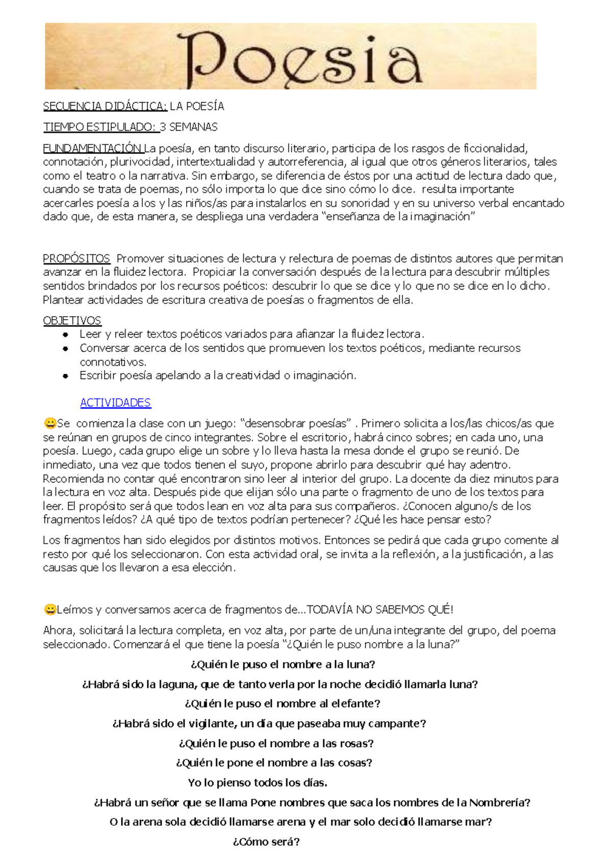 Didáctica de la Poesía para 5to Grado: Secuencia y Actividades - Studocu