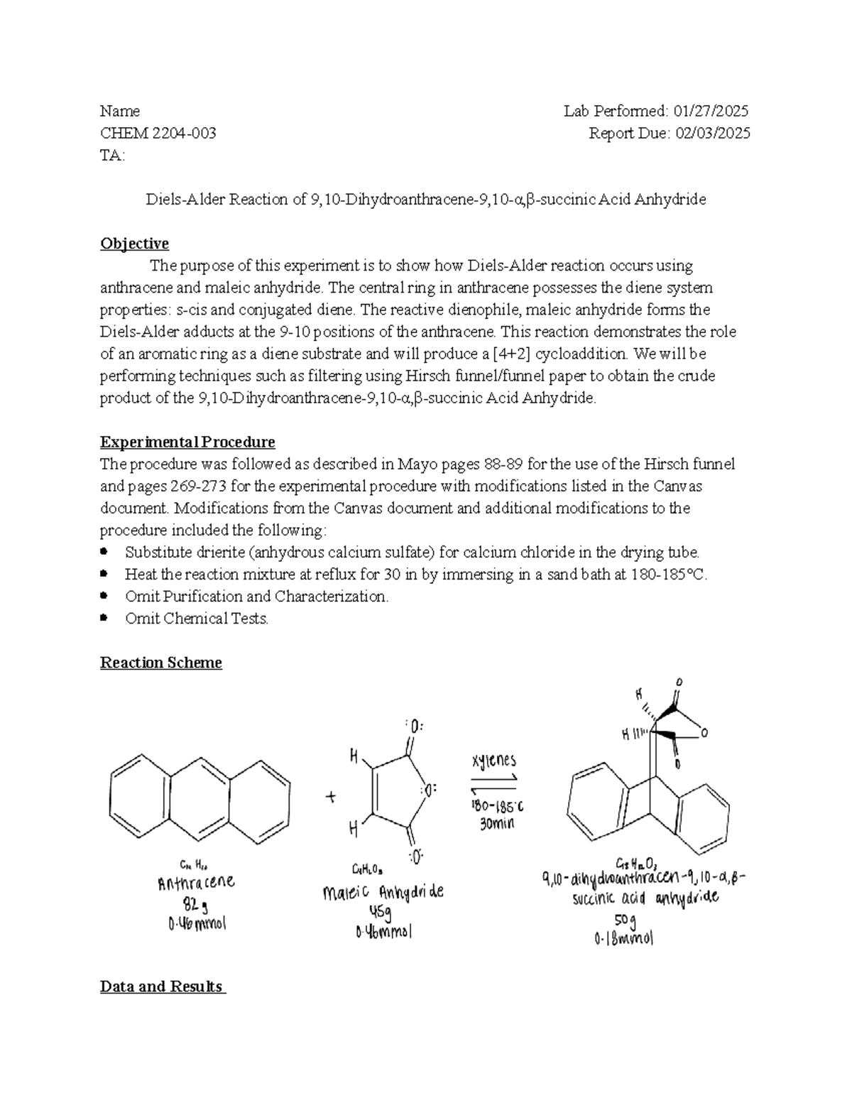 CHEM TA: Experiment 15 - Diels-Alder Reaction Report - Studocu
