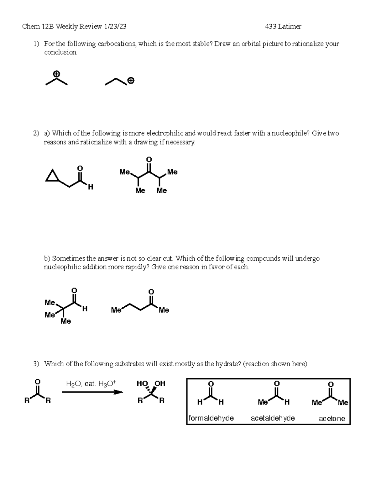1 23 weekly review - ochem practice - Chem 12B Weekly Review 1/23/23 ...