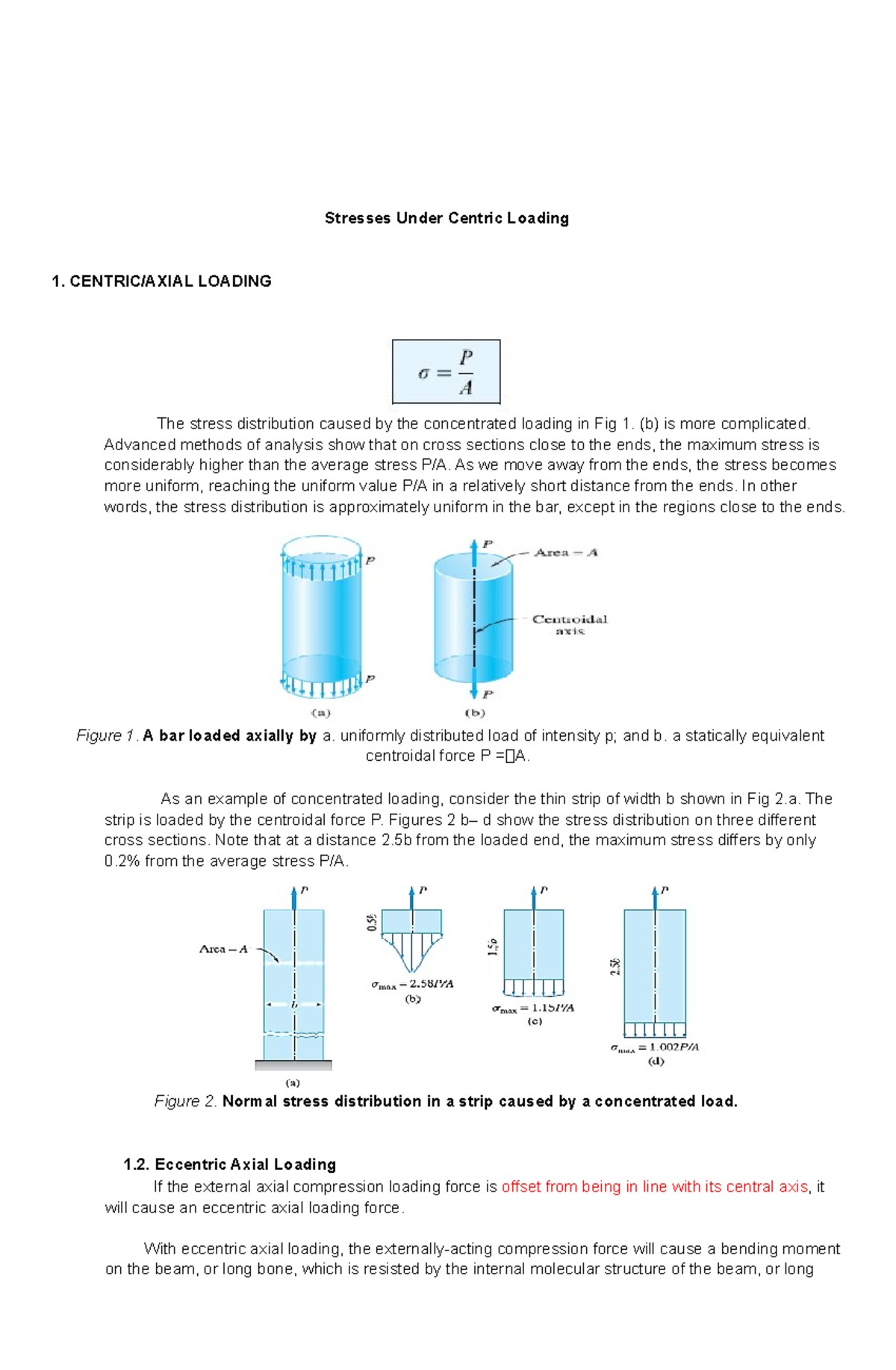 Analysis of Stresses Under Centric and Eccentric Loading (ENG 202 ...