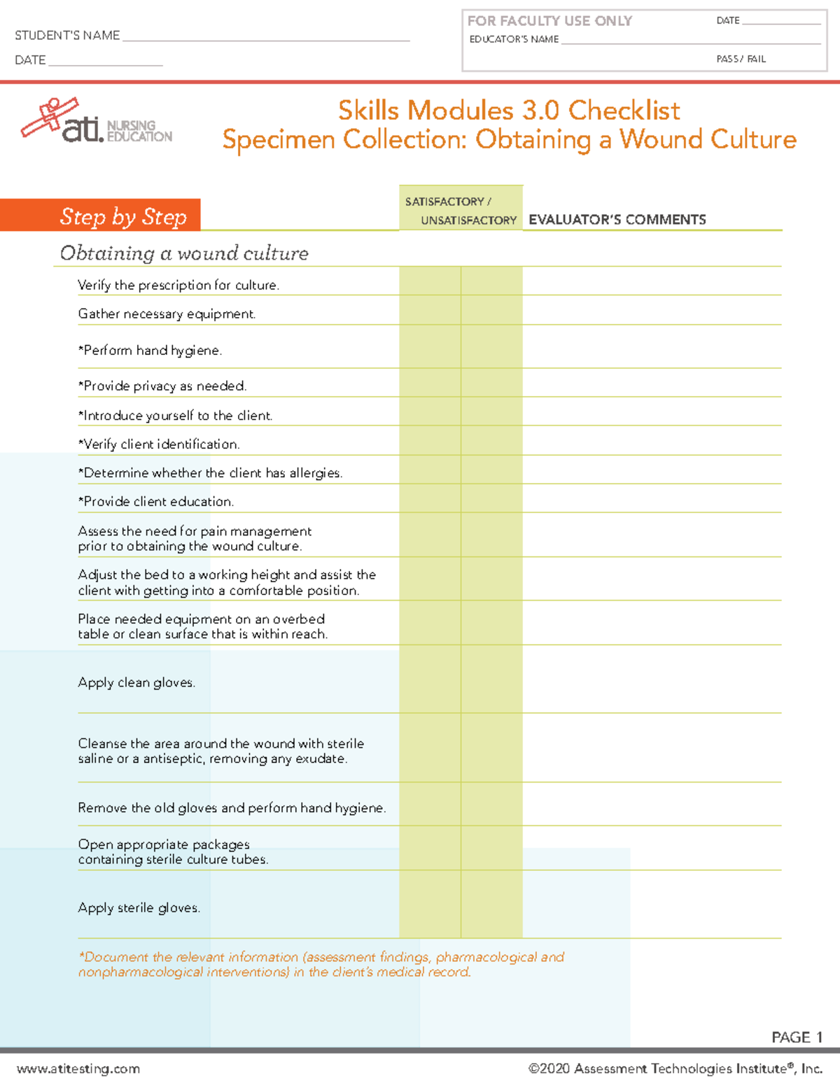 ATI Nursing Skills Checklist: Wound Culture Specimen Collection - Studocu