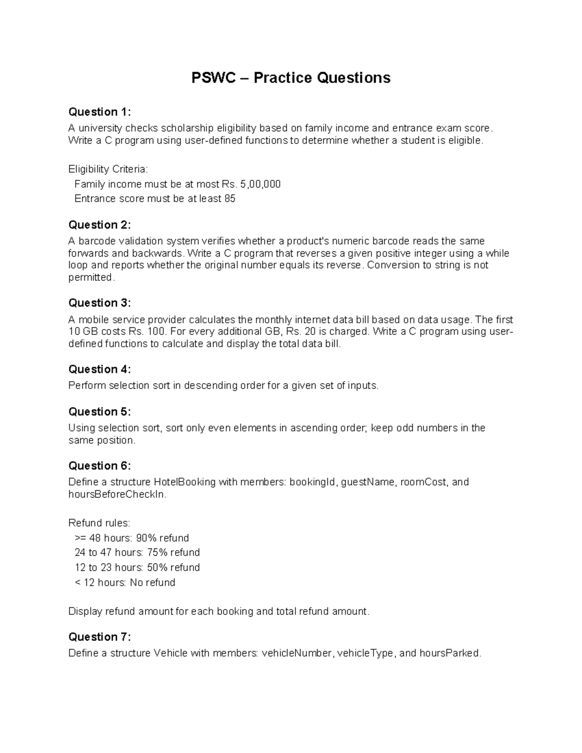 C Programming Practice Questions - PSWC - Studocu