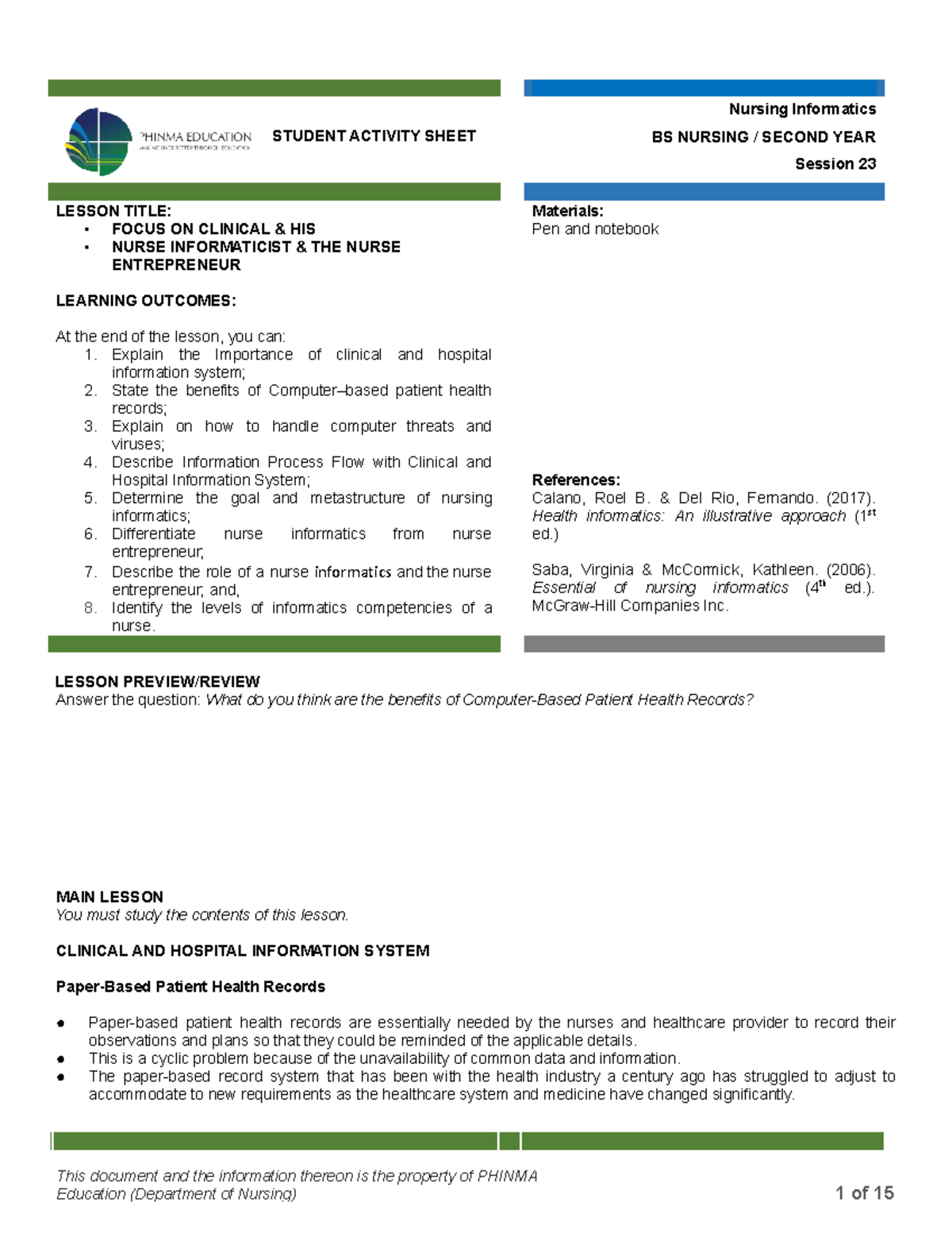 Session 23 SAS: Nursing Informatics - Focus on Clinical Health Records ...