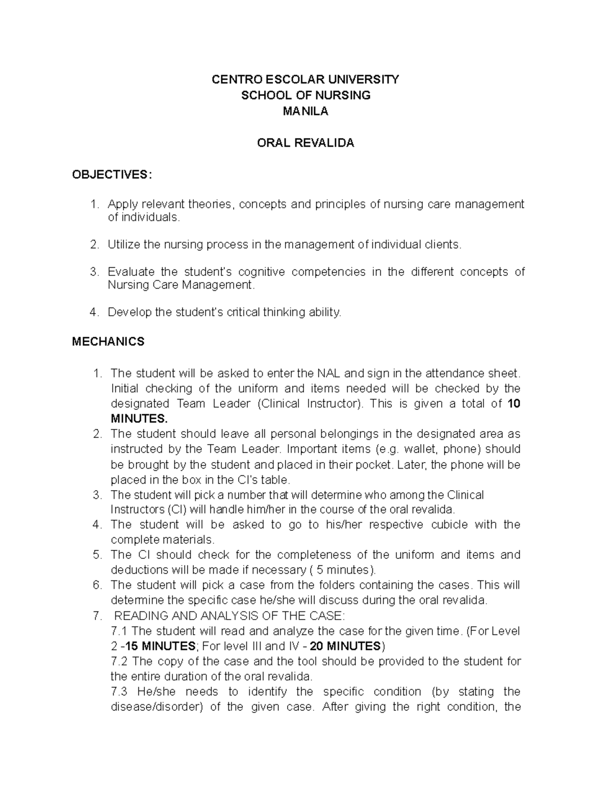 ORAL REVALIDA GUIDELINES FOR NURSING STUDENTS (CEU) - Studocu