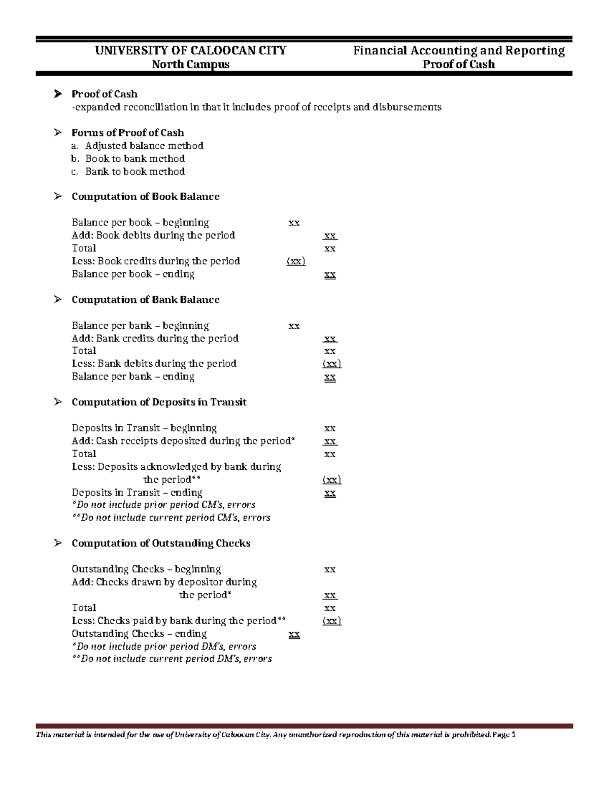 Proof of Cash - Financial Accounting Notes (UNIVERSITY OF CALOOCAN CITY ...