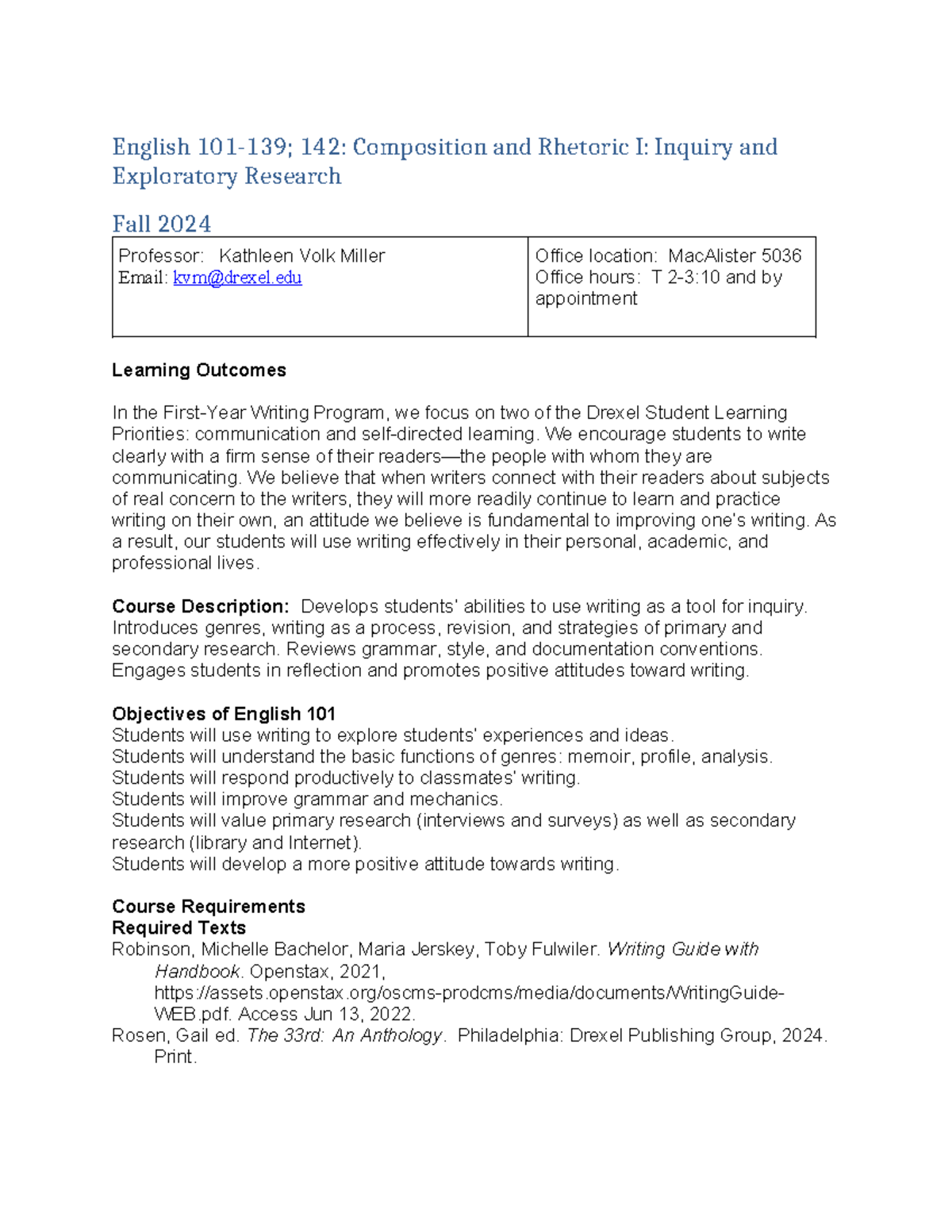 ENGL 101 Syllabus-KVM Fall '24 - English 101-139; 142: Composition and ...