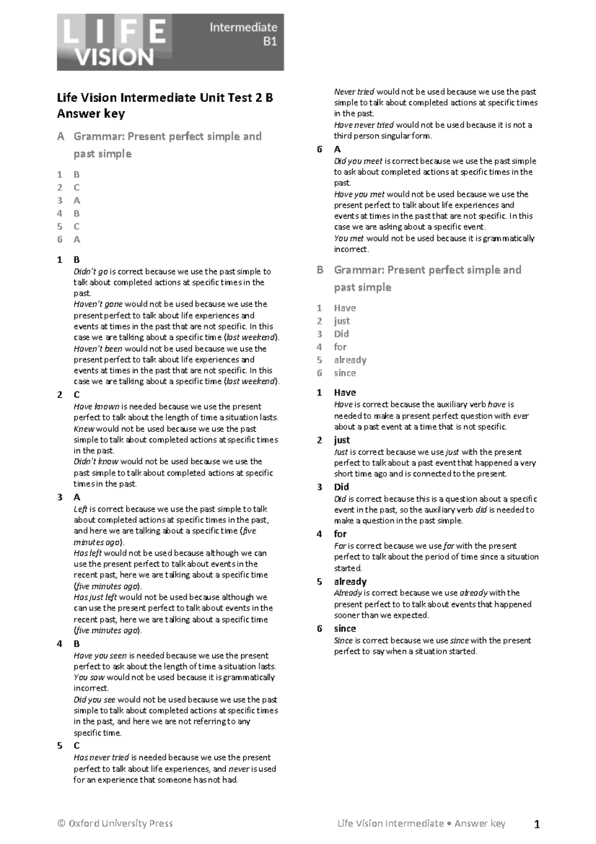 Life Vision Intermediate Unit Test 2B Answer Key: Grammar & Vocabulary ...
