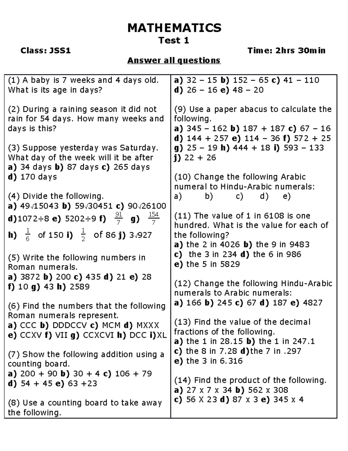 Elementary Mathematics Assignment: JSS1 Computer Science Students - Studocu