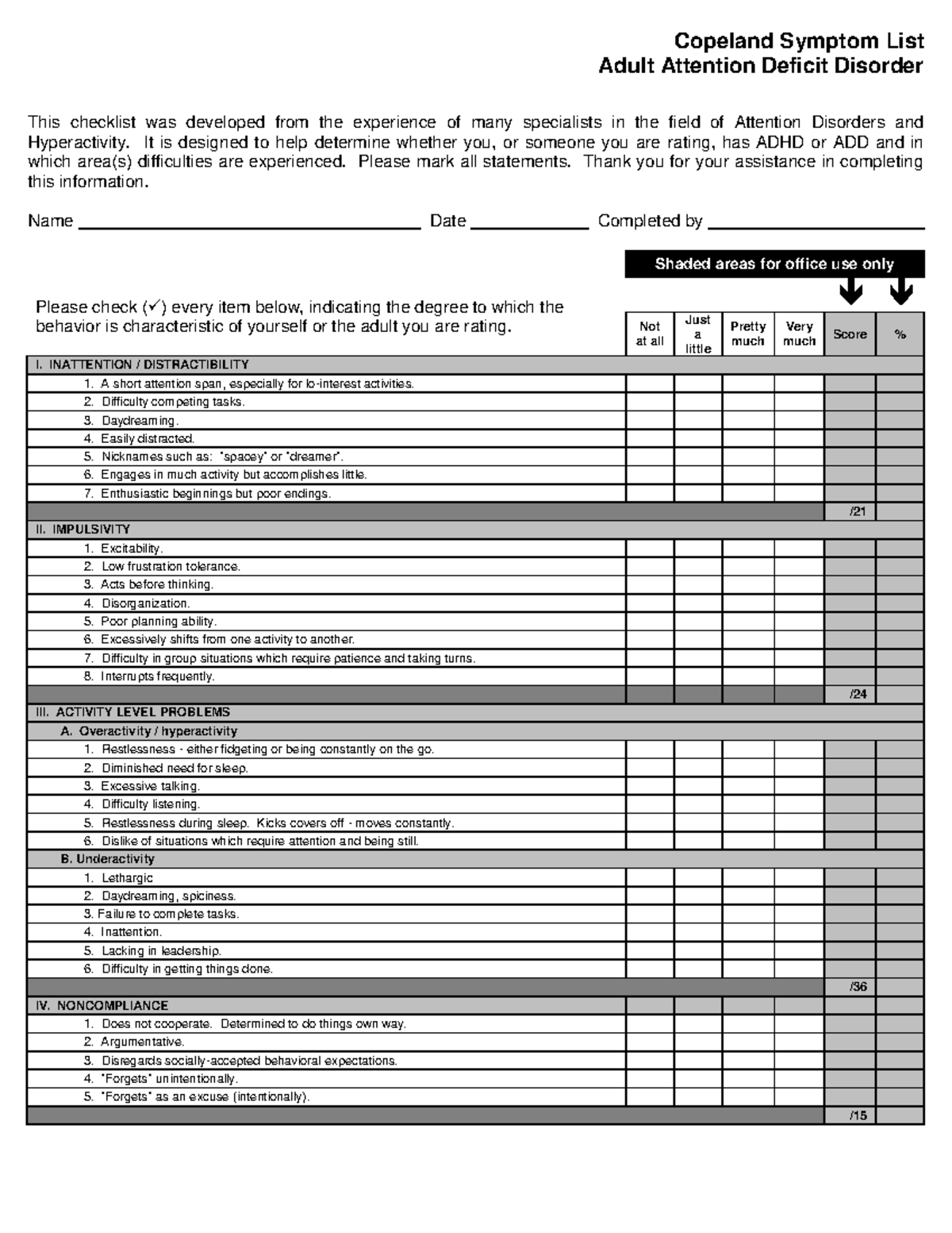 ADHD Copeland Symptom Checklist for Adults: Evaluation Guide - Studocu