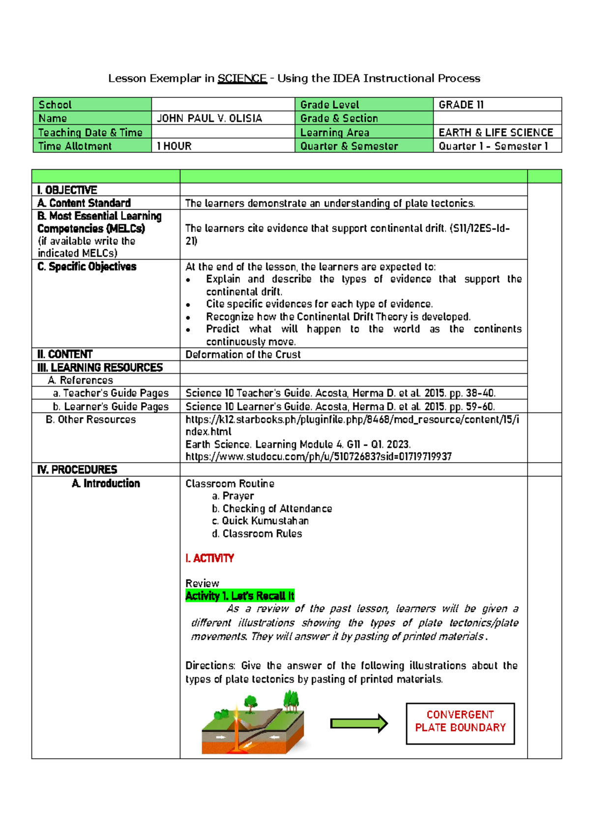 Lesson Plan G11 ELS: Understanding Plate Tectonics and Continental ...