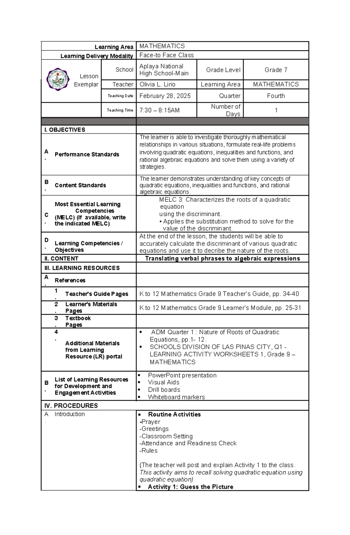 Lesson plan in math - Learning Area MATHEMATICS Learning Delivery ...