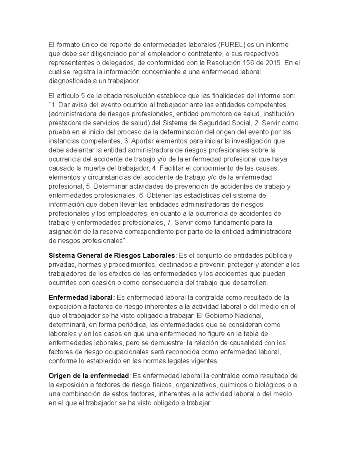 Formato Único de Reporte de Enfermedades Laborales: FUREL - Studocu