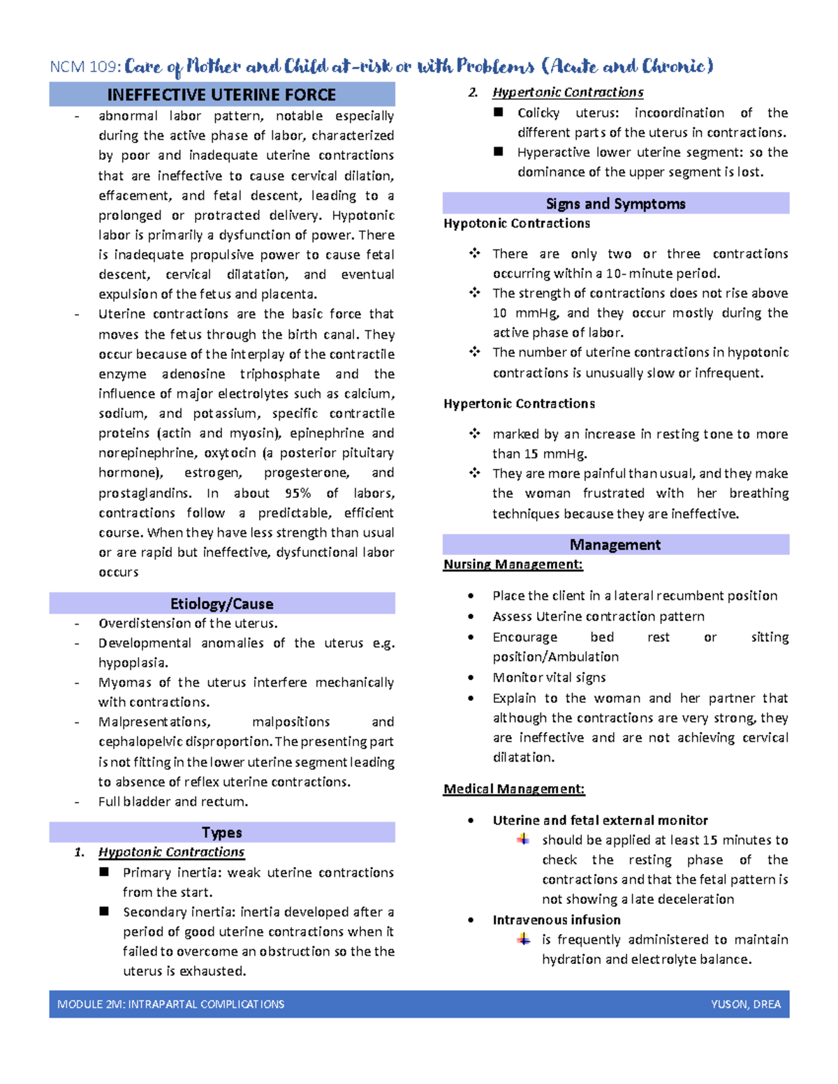 2M - Intrapartal Complications - INEFFECTIVE UTERINE FORCE abnormal ...