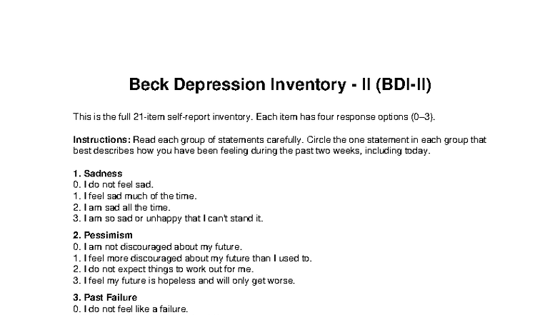 Beck Depression Inventory II: Full Assessment Guide - Studocu