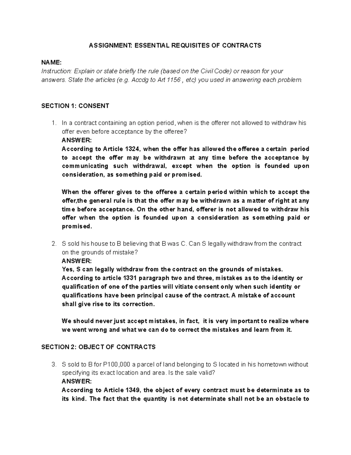 FORM OF Contracts - LAW 1 - ASSIGNMENT: FORM , REFORMATION, AND INTERPRETATION OF CONTRACTS NAME ...